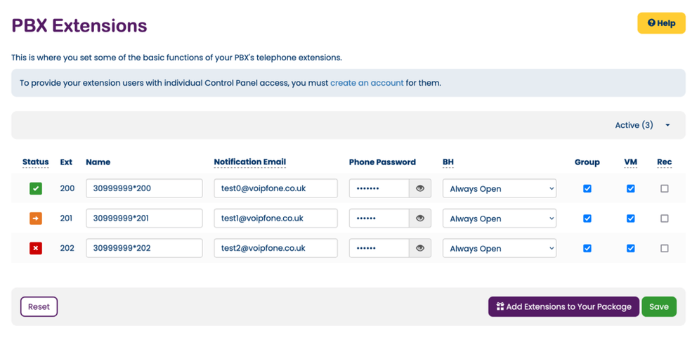 Voipfone - PBX extension numbers